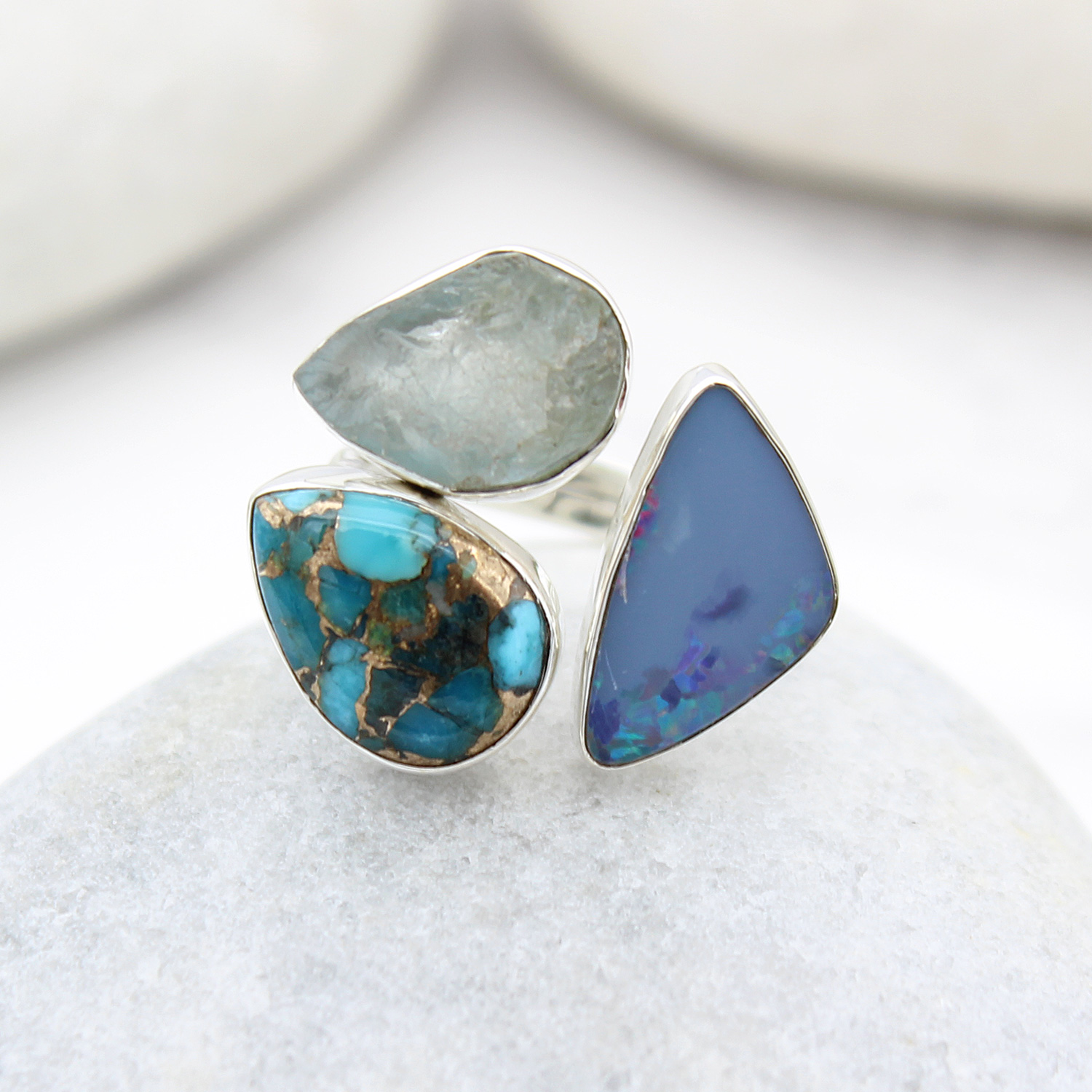 Aquamarine, Opal And Turquoise Gemstone Adjustable Sterling Silver Ring ...