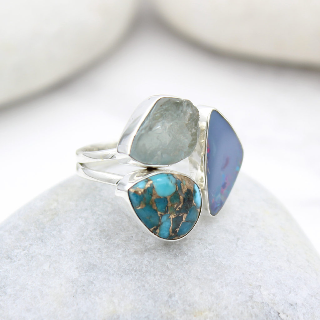 Aquamarine, Opal And Turquoise Gemstone Adjustable Sterling Silver Ring ...