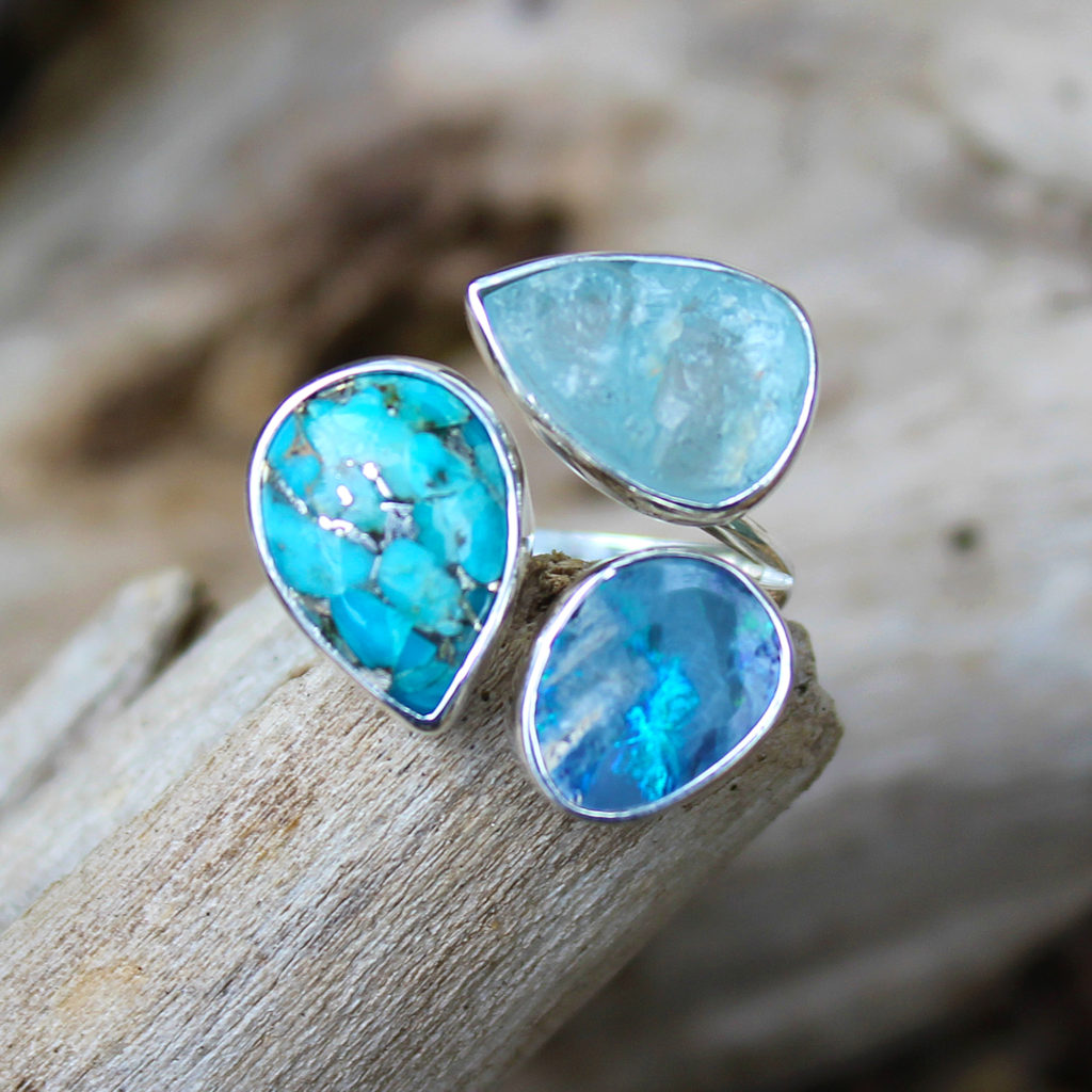 Aquamarine, Opal And Turquoise Gemstone Adjustable Sterling Silver Ring ...